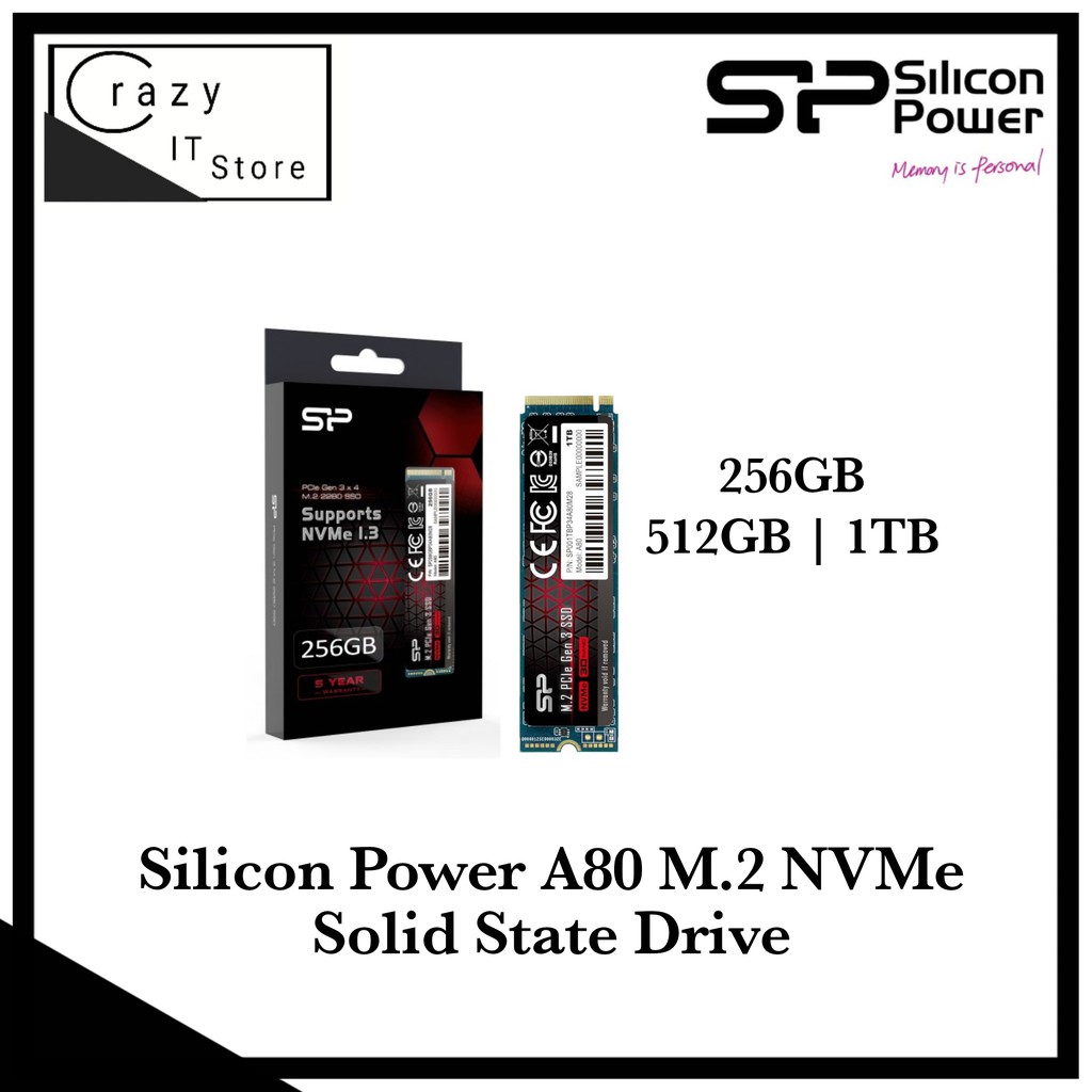 Silicon Power A80 NVMe PCIe Gen3x4 M.2 2280 SSD (256GB/512GB/1TB) Solid ...