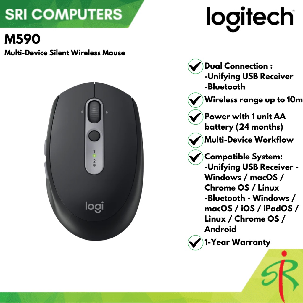 Logitech M590 Dual Connection (Unifying Receiver & Bluetooth) Multi ...