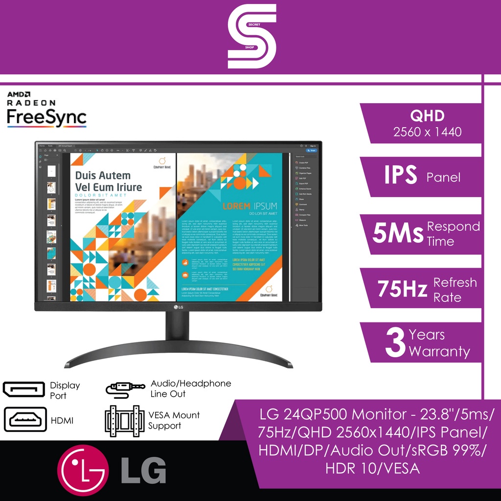 LG 24QP500 Monitor - 23.8"/5ms/75Hz/QHD 2560x1440/IPS Panel/HDMI/DP ...
