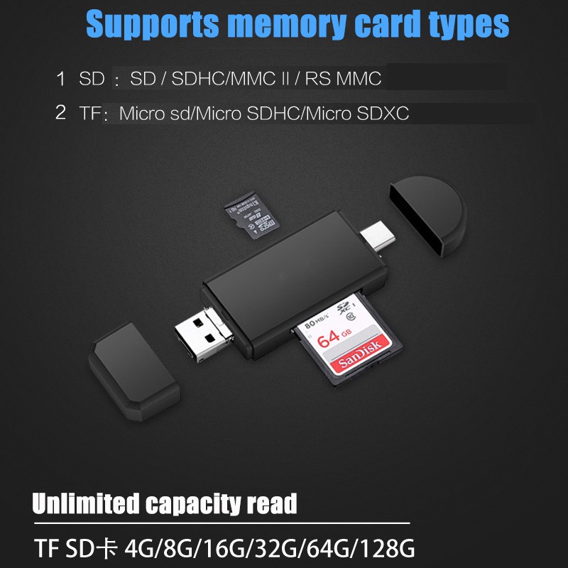 3 in 1 SD Card Reader Memory Card To USB 2.0 Type C Kad Micro OTG TF ...