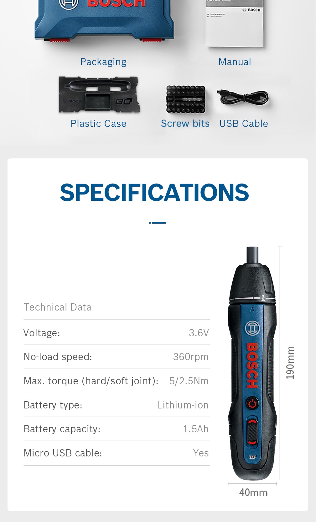 BOSCH Go 2 Kit Smart Screwdrivers + 33pcs Accessories Kit - 06019H2181 ...