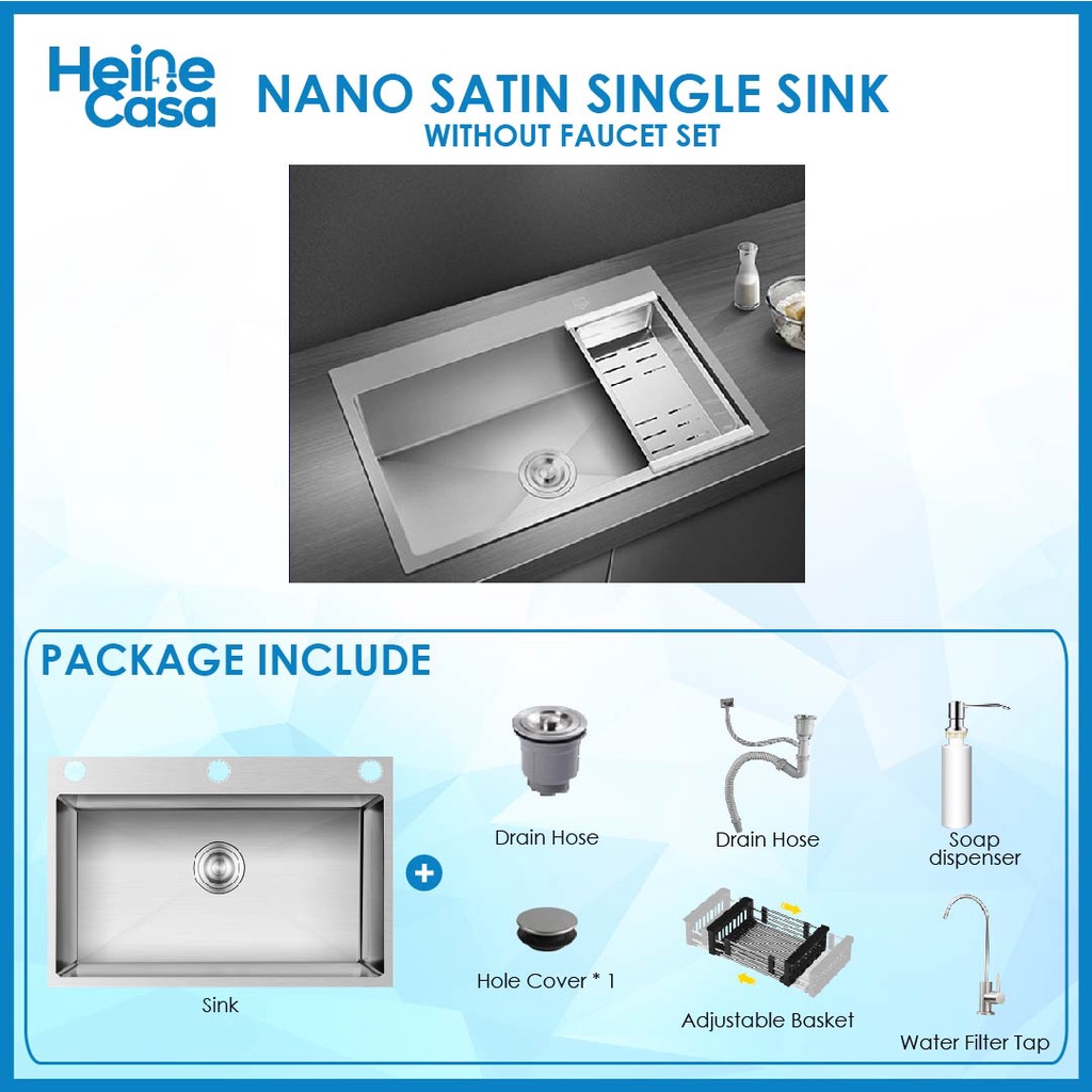 Nano Silver 3 Holes Stainless Steel Kitchen Single Sink Sinki Dapur ...