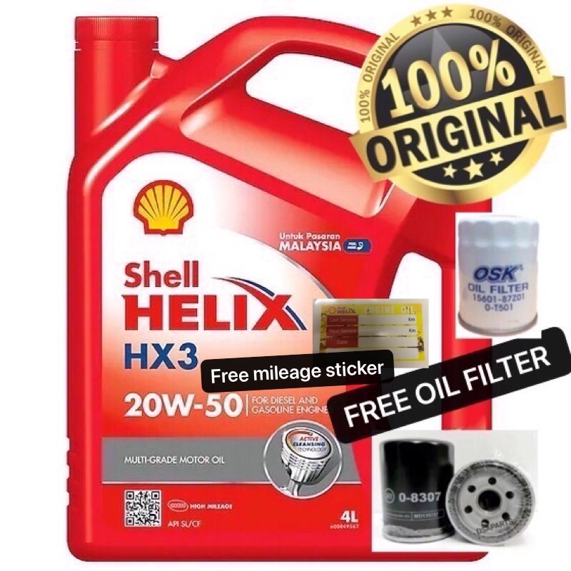SHELL HELIX HX3 20W-50 4L 100% ORIGINAL FREE 1 OIL FILTER | Shopee Malaysia