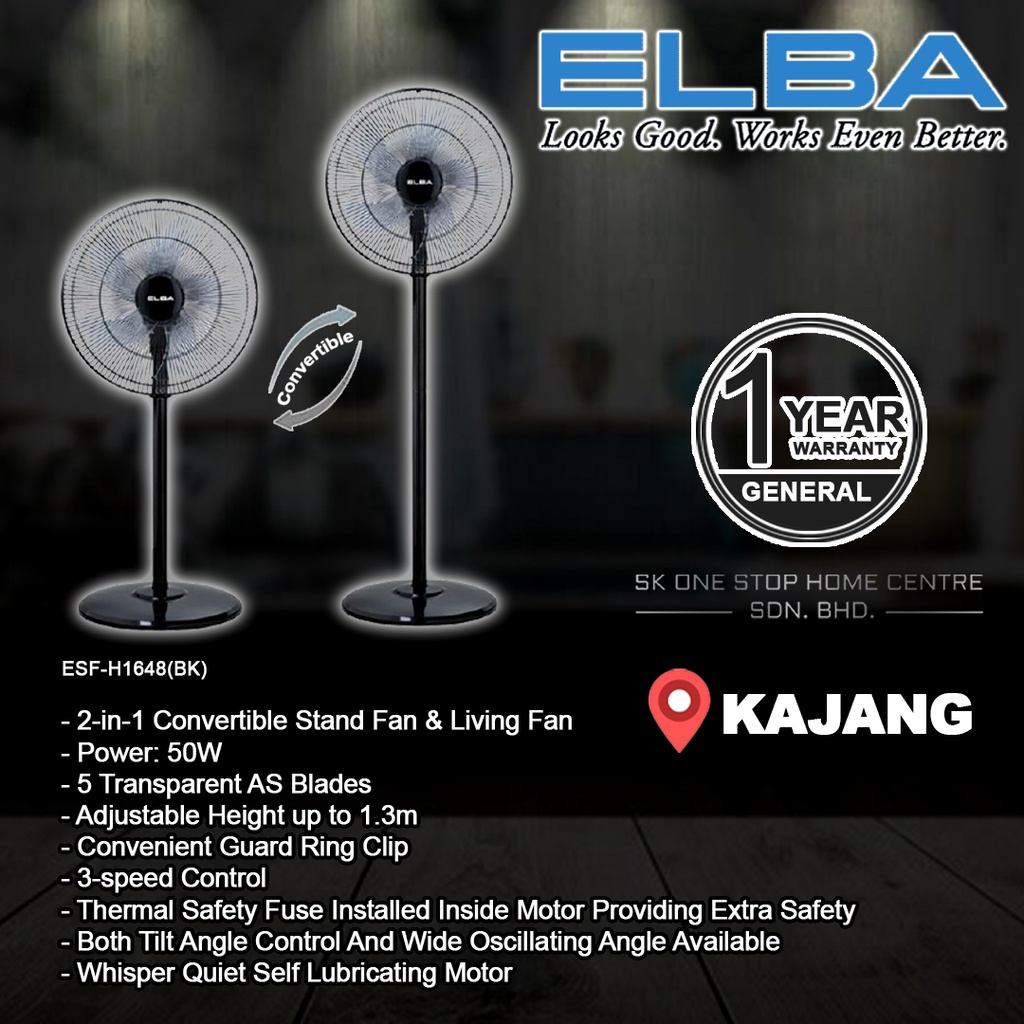 (AUTHORISED DEALER) ELBA ESF-H1648(BK) 16" 2-in-1 Convertible Stand Fan ...