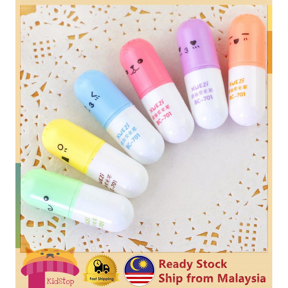 6 pcs/set Capsules Highlighter Vitamin Pill Highlight Marker Color Pens ...