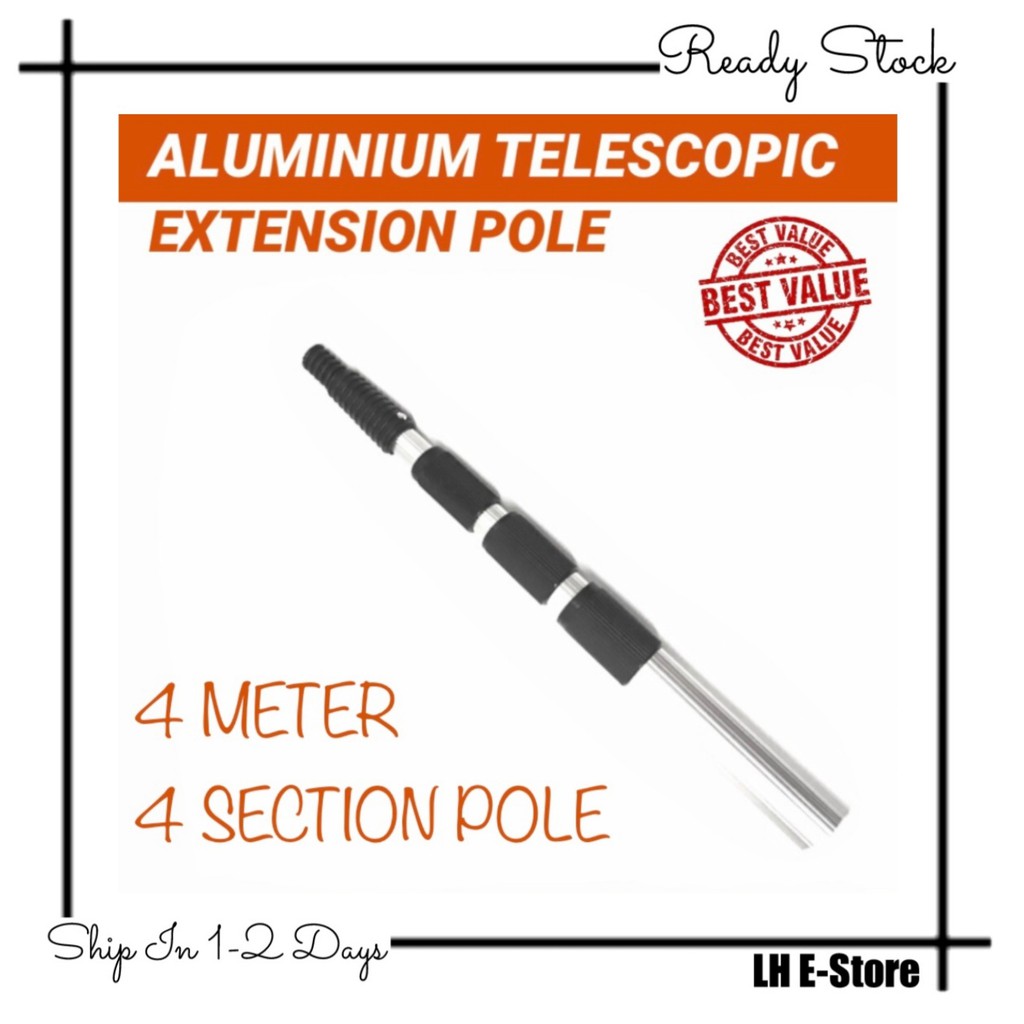 Aluminium Telescopic Extension Pole 4 Meter x 4 Section Pole (Black ...