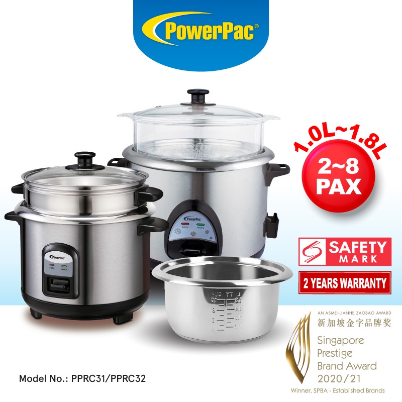 PowerPac Rice Cooker 1.0L/1.8L, Rice Cooker with Stainless Steel Pot ...