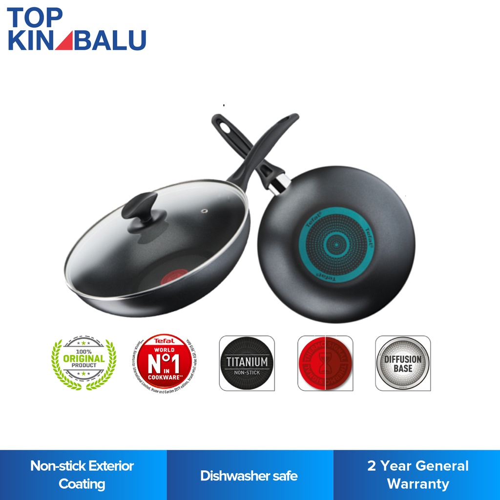 TEFAL B2257295 28CM COOKWARE COOK & CLEAN WOKPAN WITH GLASS LID | Shopee Malaysia