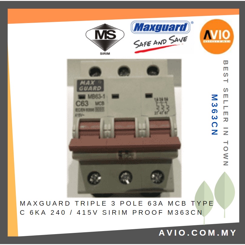 Maxguard Triple 3 Pole 63A MCB Circuit Breaker Type C 6kA 240V / 415V ...