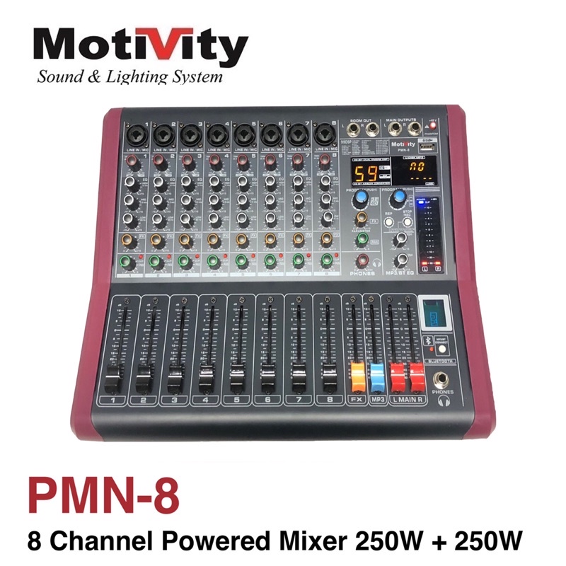 MOTIVITY PMN-8 8 Channel Powered Mixer 250Watt x 2 With USB Playback ...