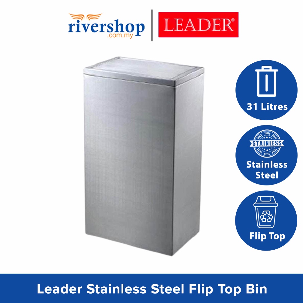 LEADER 31Litres Stainless Steel Dustbin (Flip Top) Rubbish Bin / Swing ...