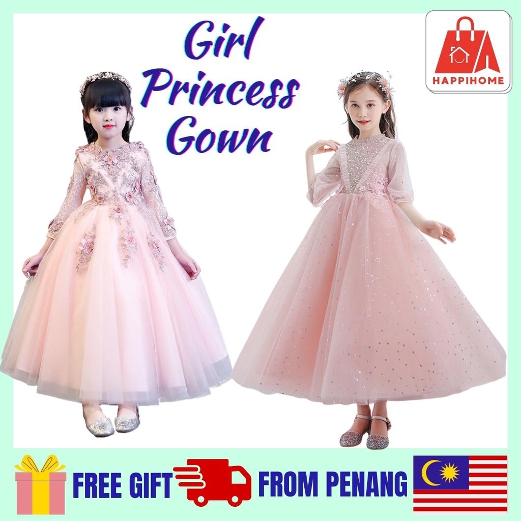 Kids Gown Girl Princess Dress Budak Lace Long Sleeve Costume Wedding ...