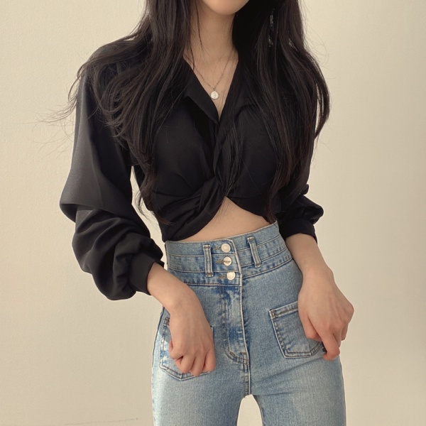 【Free Gift】Korean Summer Design Sense Back Tie Bow Cropped Belly Button ...