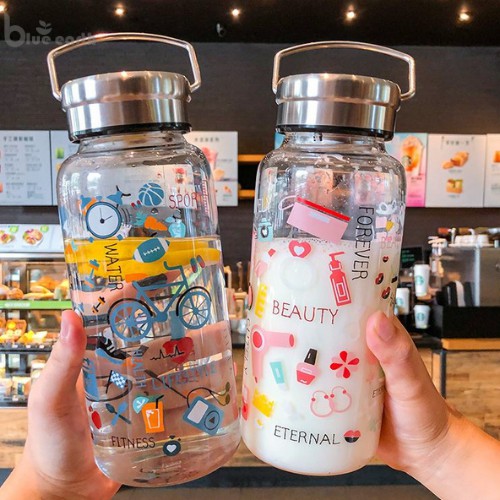 Cute Glass Water Bottle 1000ml BPA Free 1l Alkaline Simple Transparent ...