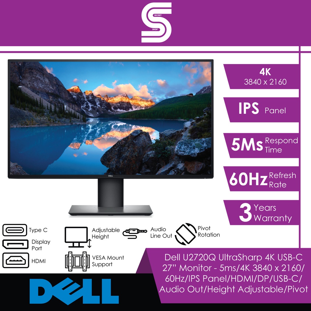 DELL U2720Q UltraSharp 4K USB-C 27” Monitor-5ms/4K 3840x2160/60Hz/IPS ...