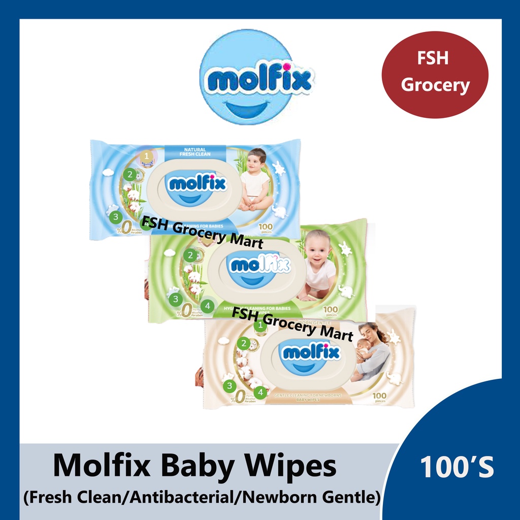 MOLFIX Natural Wet Tissue (100'S) - FRESH CLEAN/ANTIBACTERIAL/Newborn ...