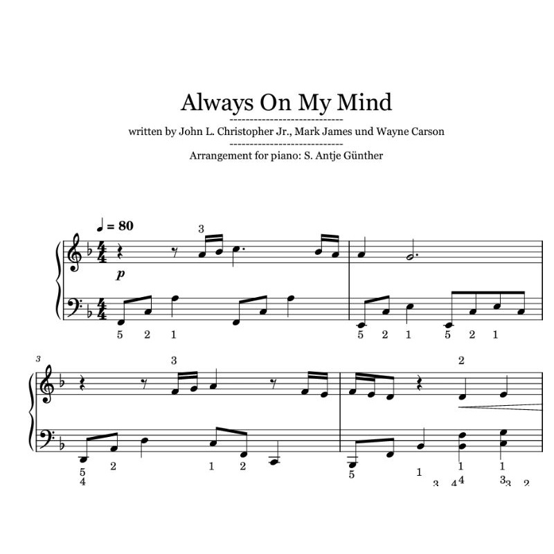 [PDF] ALWAYS ON MY MIND Piano Sheet Music Score with note names ...
