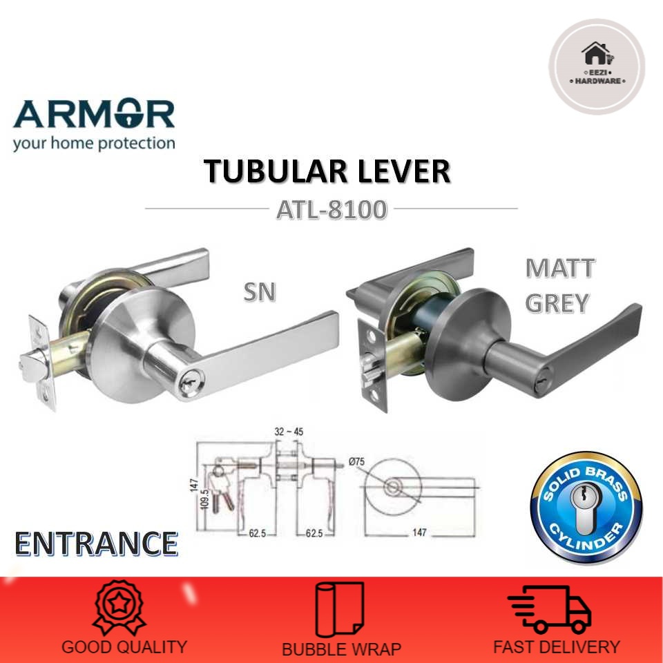 Armor ATL-8100 Entrance Tubular Lever Door Lock Available in SN (Silver ...