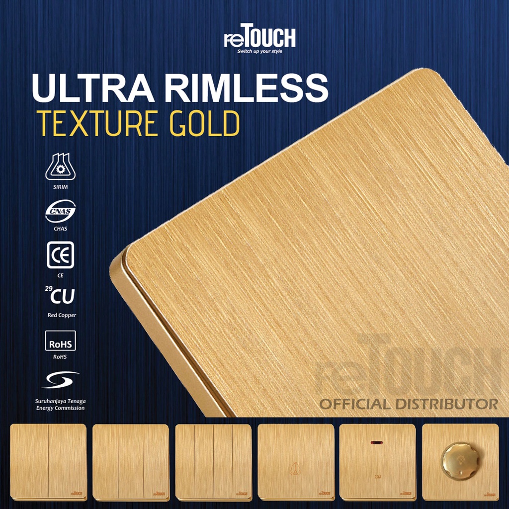 reTouch Gold Ultra Rimless Switch 1 2 3 4 Gang 1 Way 2 Way Bell ...