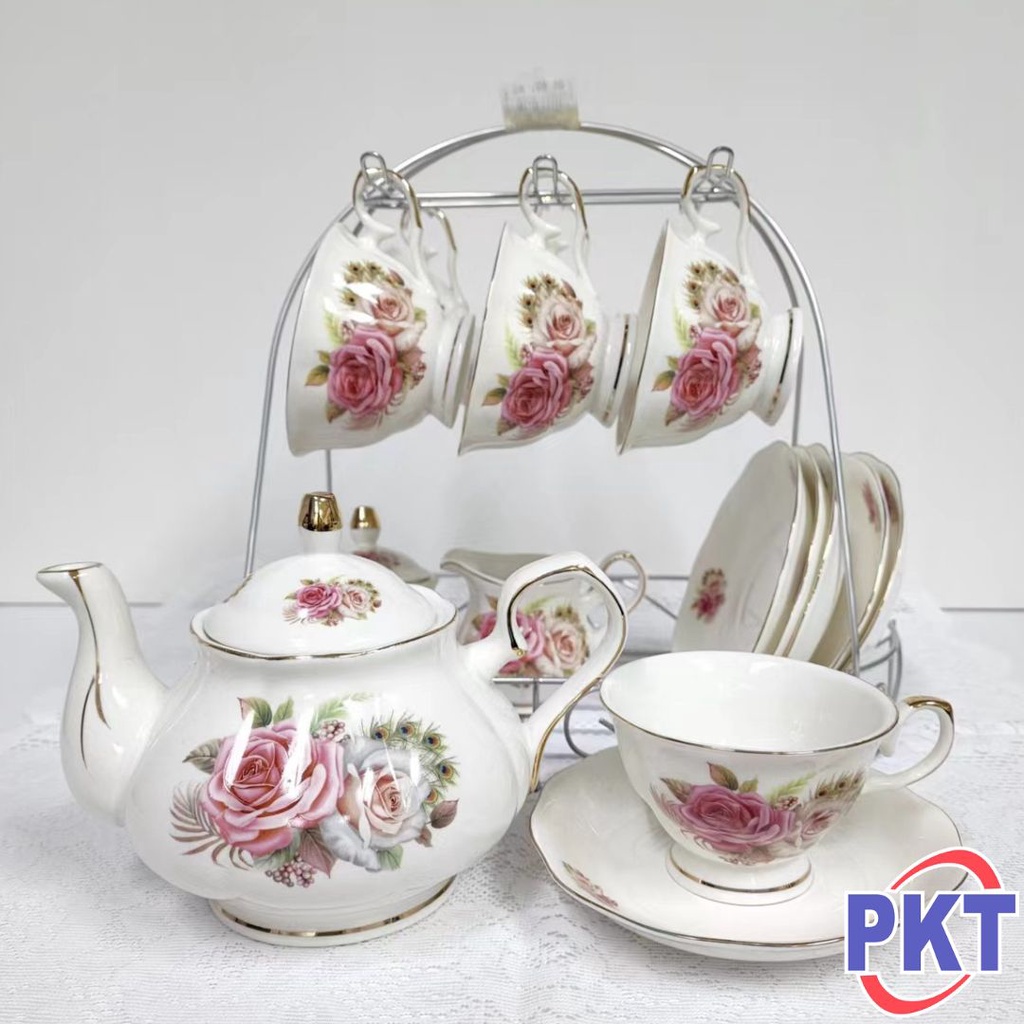18PC UK PREMIUM PORCEALAIN TEA SET WITH BASKET RACK / COFFEE SET // SET ...