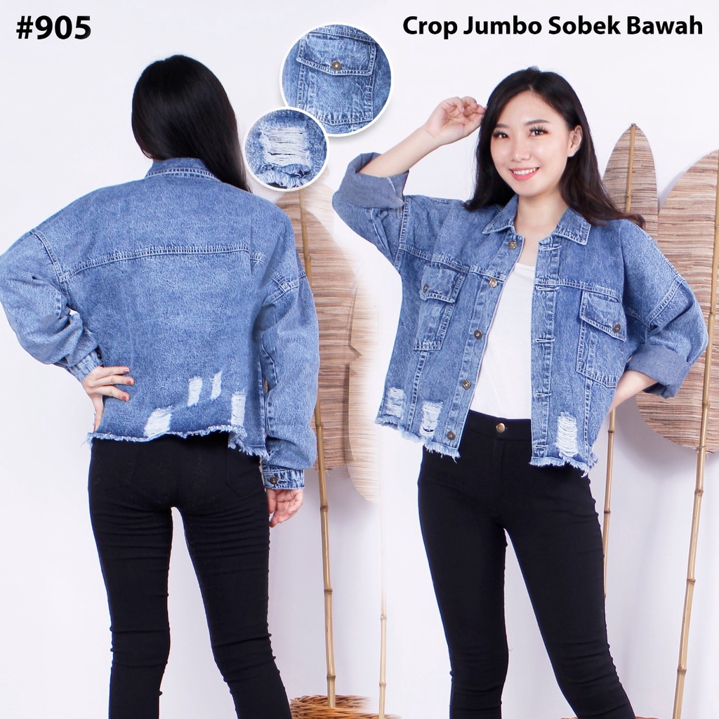 Women JEANS Jacket - Jacket JEANS CROP JUMBO SOBEK Below | Shopee Malaysia