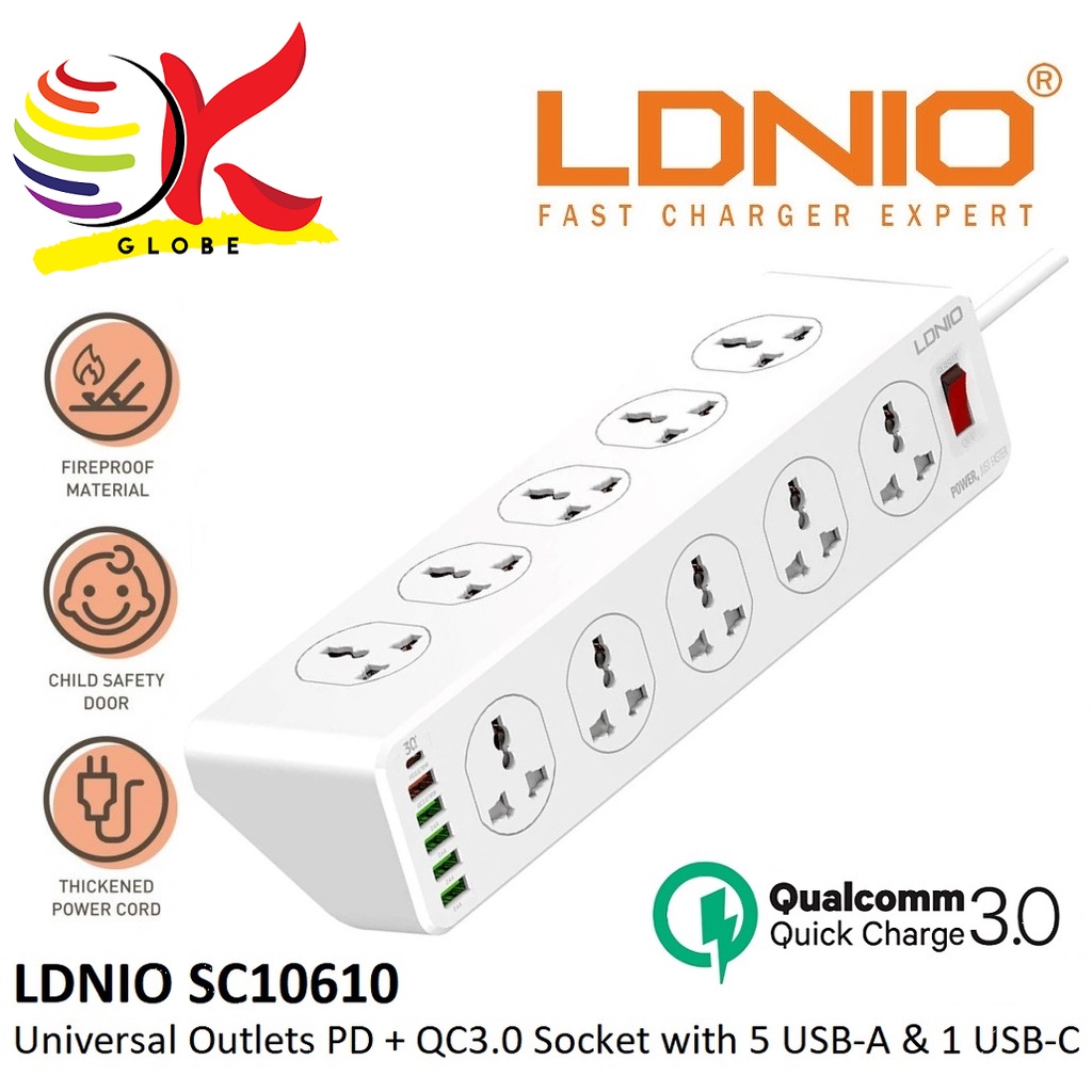 LDNIO SC10610 2500W 10 SOCKETS + TYPE-C PD + QC3.0 6 USB PORTS ...