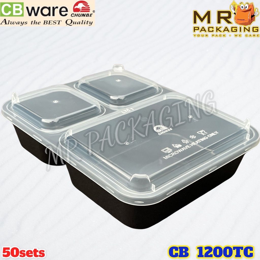 CB TC 1200 3 Compartment Black Container with Dome Lid ( 50sets± ) Plastic PP Food Box Bento ...