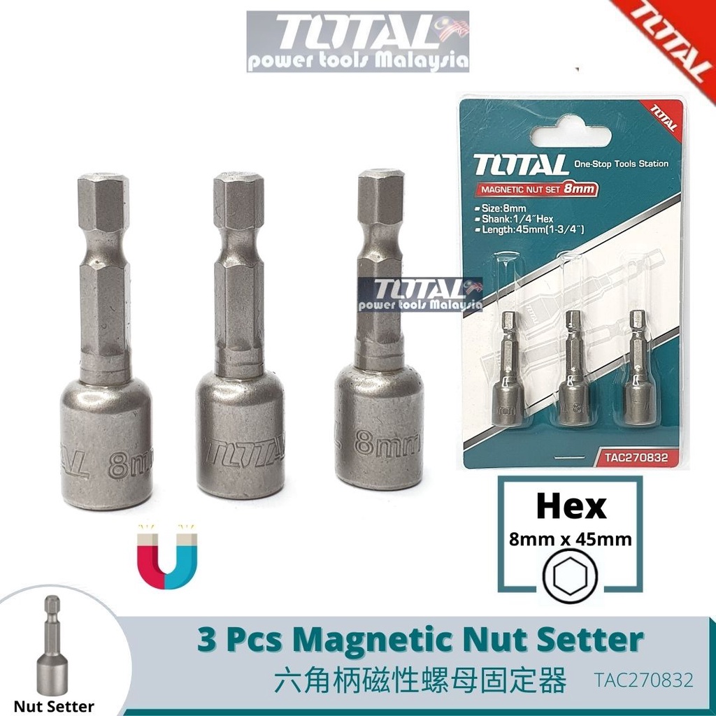 TOTAL 3 Pcs 8mm x 45mm Magnetic Nut Set 六角柄磁性螺母固定器 - TAC270832 | Shopee ...