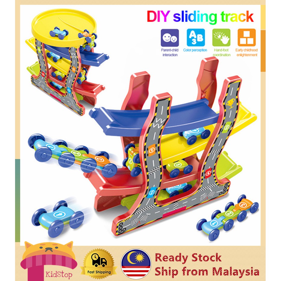 4 Layer Slide Racing Cars Toys Gliding Car with Car Park Ladder Track ...