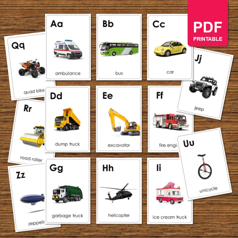CARS ALPHABET Cards Transport Montessori Flash Educational Printable ...