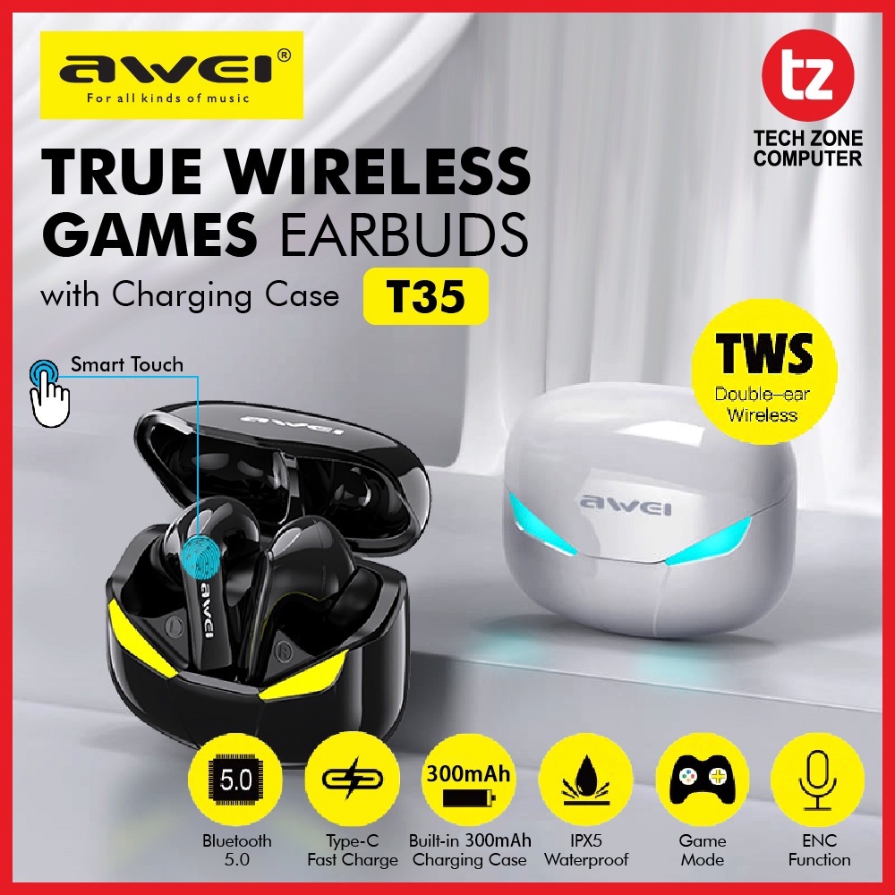 Awei T35 TWS Gaming Earbuds With Mic Wireless Stereo Low Latency Earfon ...