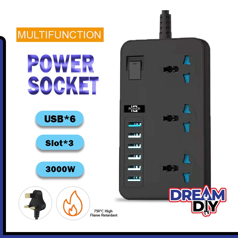 Dream DIY Extension Wire Plug Socket 3 Ports+ 6 USB Extension Power ...