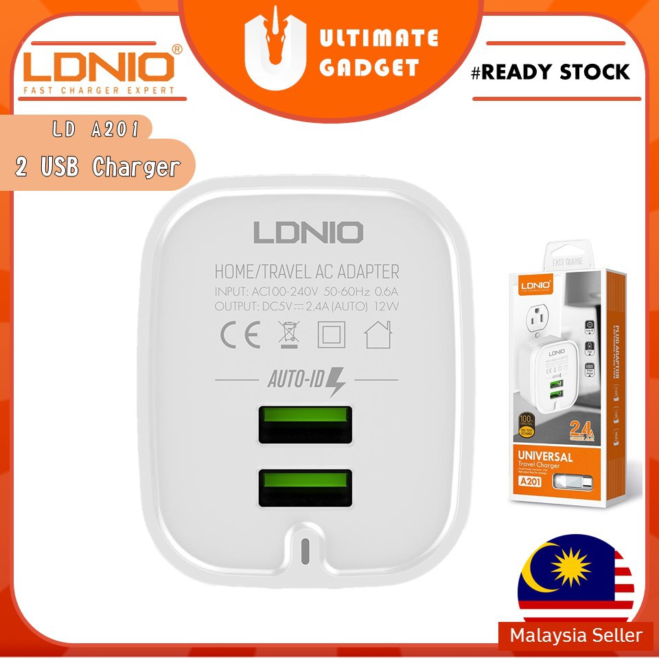 🌟 READY STOCK 🌟 ORIGINAL LDNIO A201 2.4A FAST CHARGE 2 USB PORT CHARGER ...