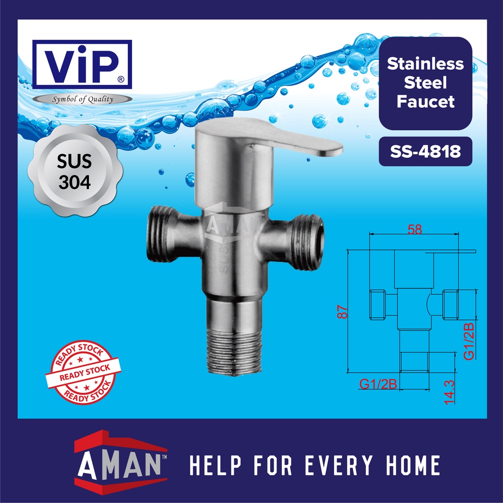 VIP SUS-304 Stainless Steel Quarter Turn 2-Way Angle Valve Tap Pipe ...