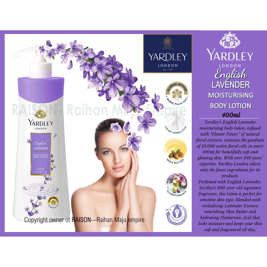 Yardley London English LAVENDER MOISTURISING BODY LOTION 400ml | Shopee ...