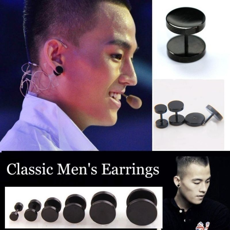 Black Dumbbell Round Double Side Screw Ear Stud Men's Titanium Earrings ...