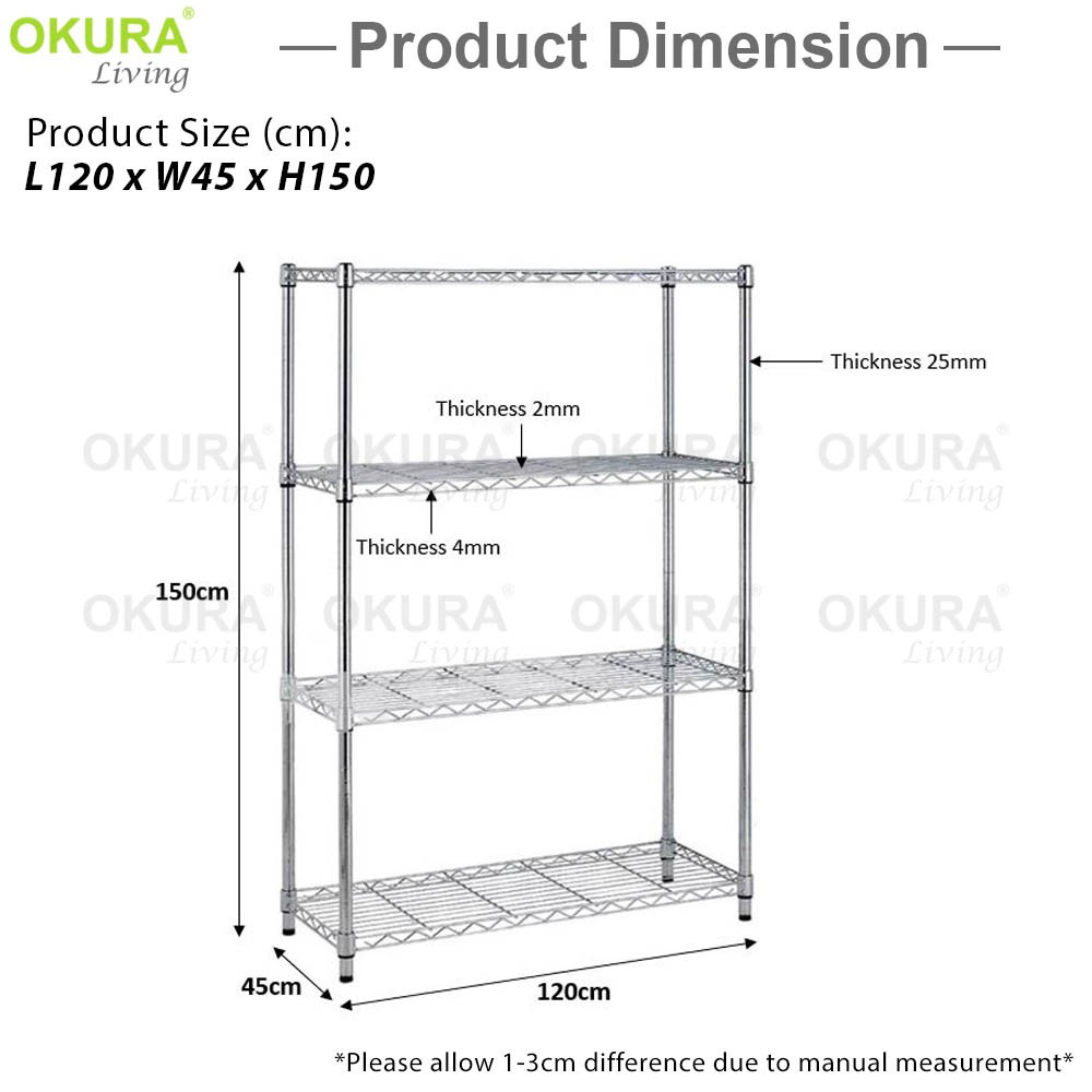 OKURA Multipurpose Heavy Duty Boltless Chrome Wire Shelving Racks Home ...