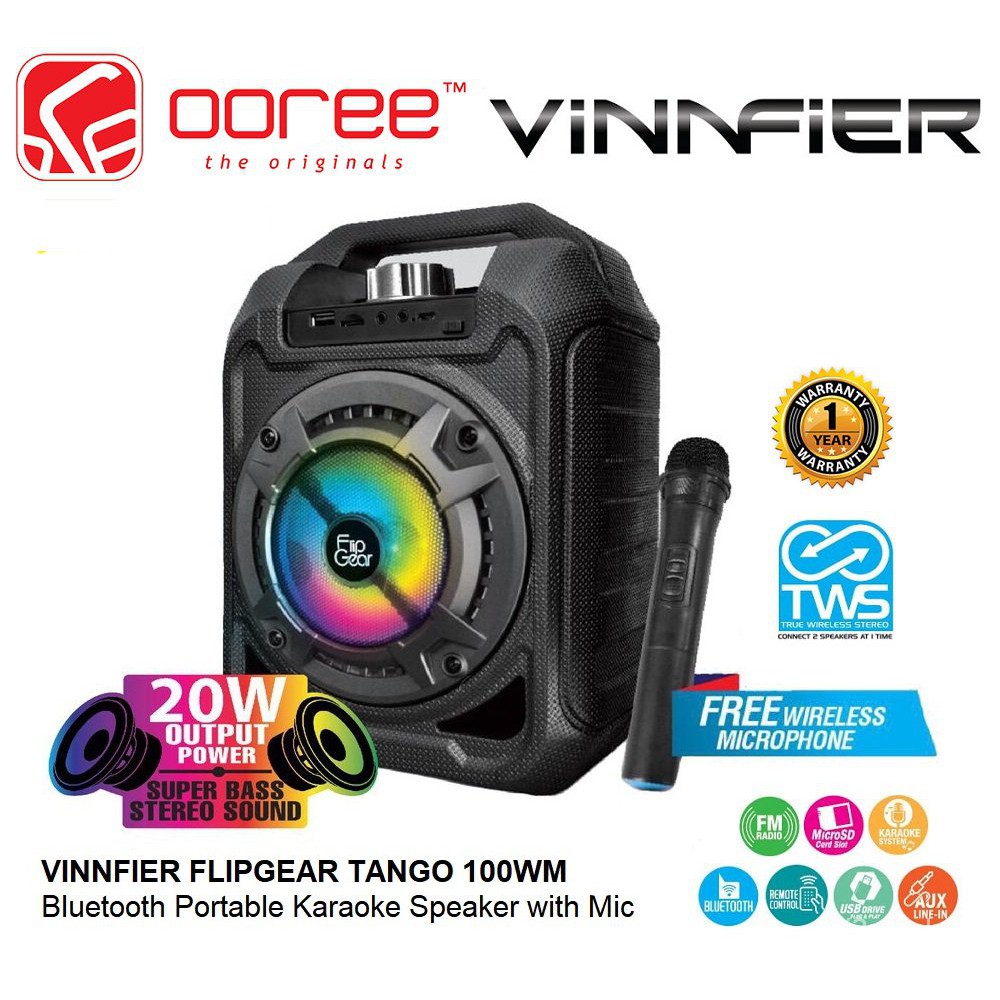 VINNFIER FLIPGEAR TANGO 100WM BLUETOOTH TWS PORTABLE SPEAKER WITH KARAOKE SYSTEM, FM RADIO, AND ...