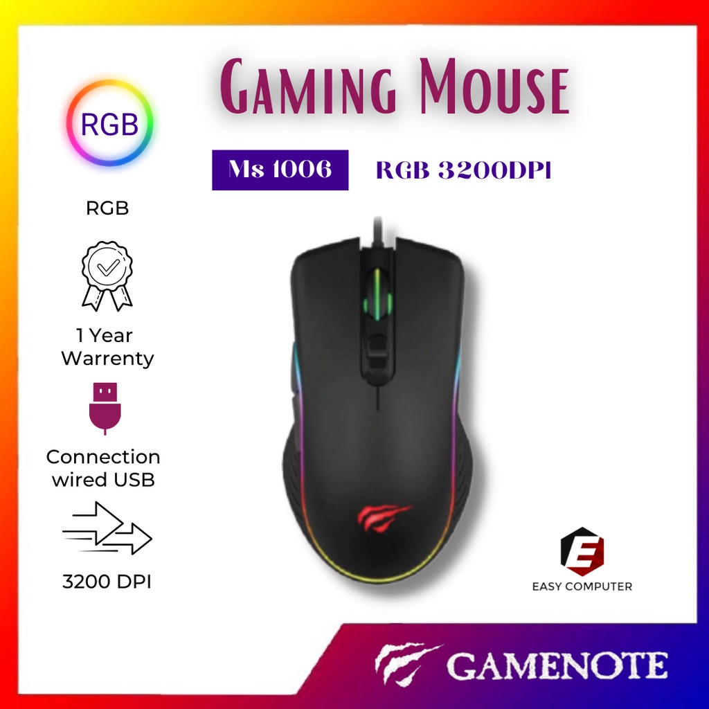 Gamenote MS1006 RGB Gaming Mouse, 3200K DPI, Ergonomic Design, Backward ...