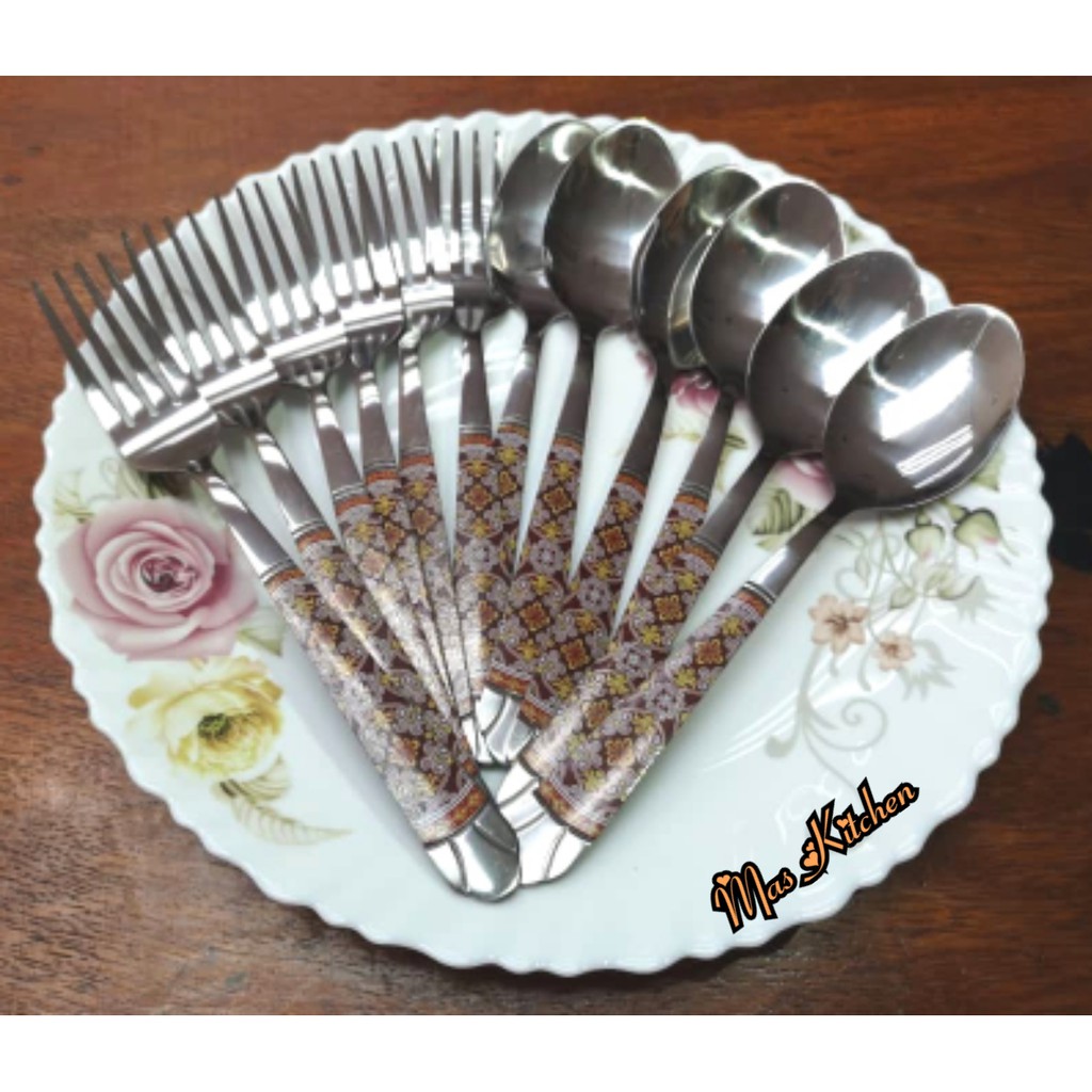 STAINLESS STEEL CUTLERY 12PCS SET SPOON AND FORK (CORAK BATIK) | Shopee ...