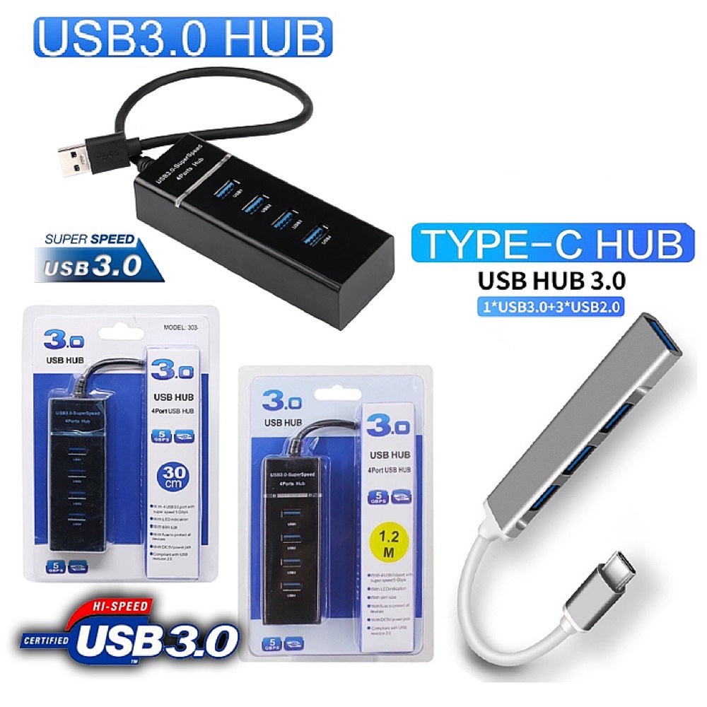 Multi USB Hub 3.0 4 Port Extension Super Hi-Speed Cable Splitter Port ...