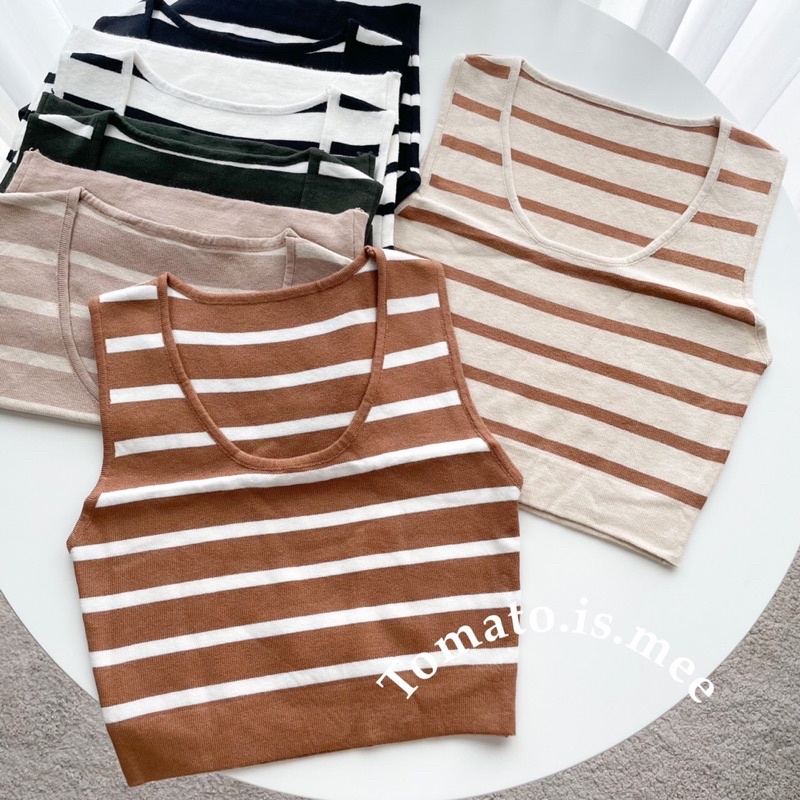 Sleeveless Crop Yarn U-Neck Fabric Texture Stripe Pattern Size Cropped ...