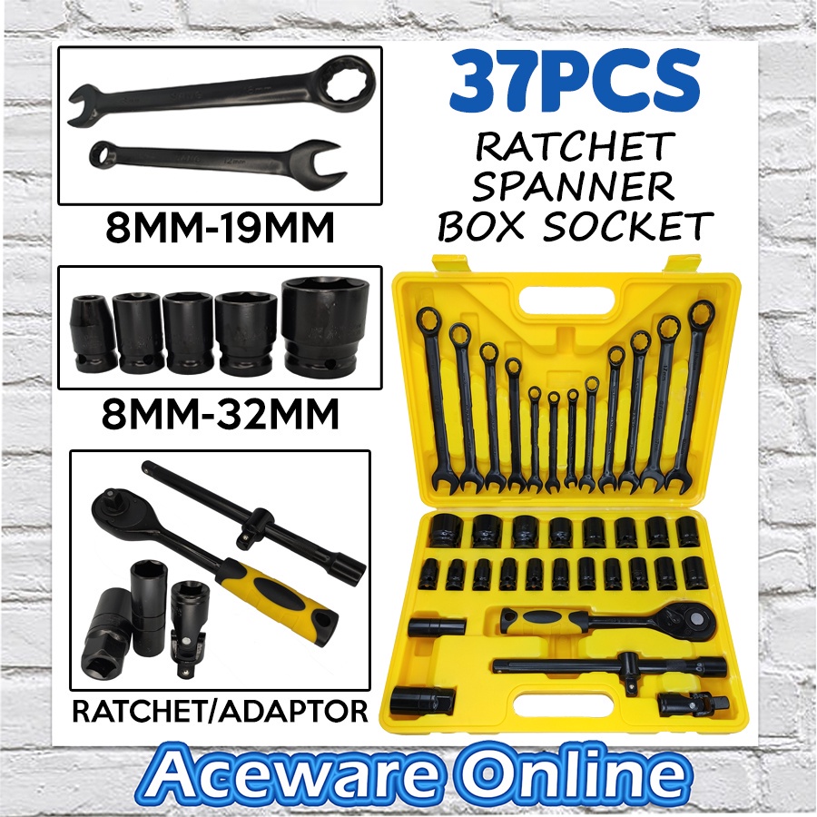 37PCS BOX SOCKET SET DOUBLE END WRENCH SPANNER BOX SOCKET DRIVE SWIVEL ...