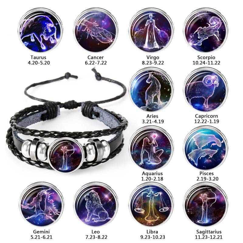 12 Zodiac Signs Constellations Black Button Woven Leather Bracelet ...