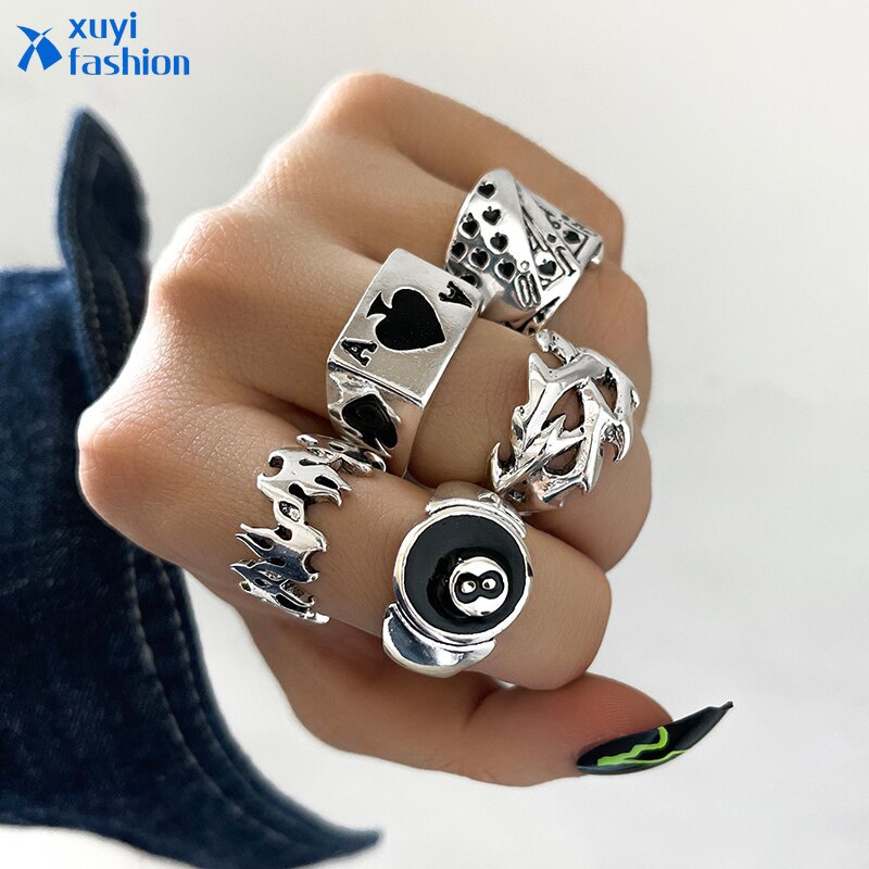 Dodder 5pcs/set Punk Poker Billiards Ring Set for Women Funny Goth Kpop ...