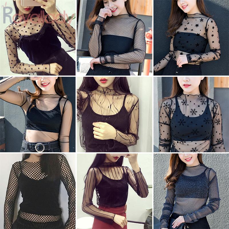 Shirt One Size Perspective Lace Black Sexy Transparent Top Mesh Gauze ...