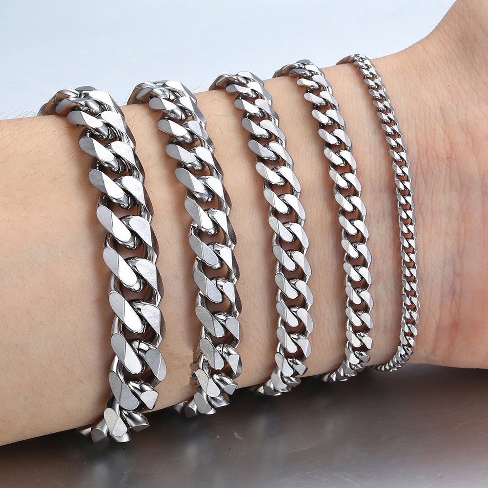 4-8mm Men's Bracelets Stainless Steel Curb Cuban Link Chain Silver ...