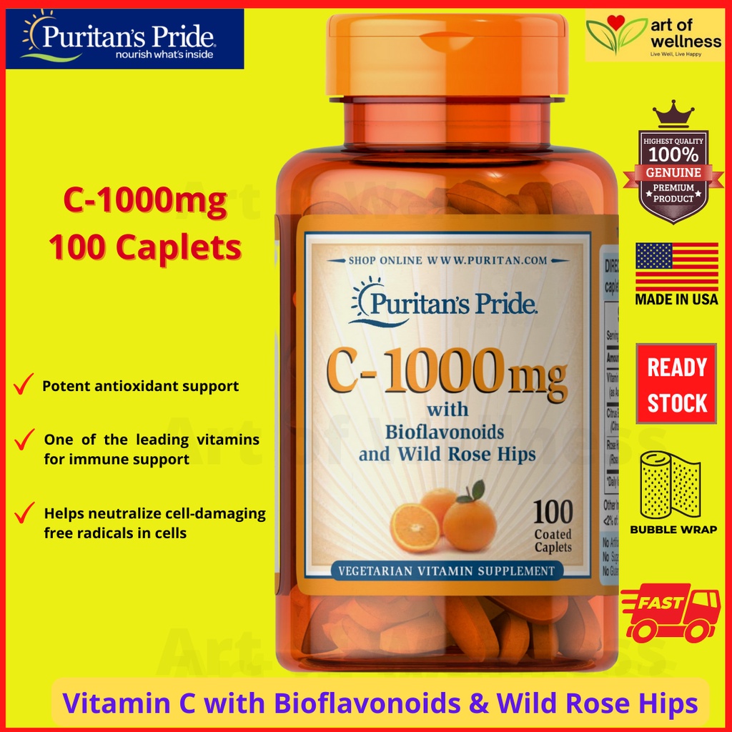 Puritan's Pride Vitamin C 1000mg with Bioflavonoids & Rose Hips 100 Caplets Vit C (For ...