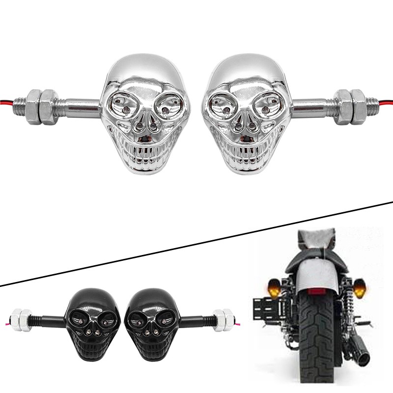 1 Pair Black/White Skull LED Motorcycle Signal Lamp Universal ...