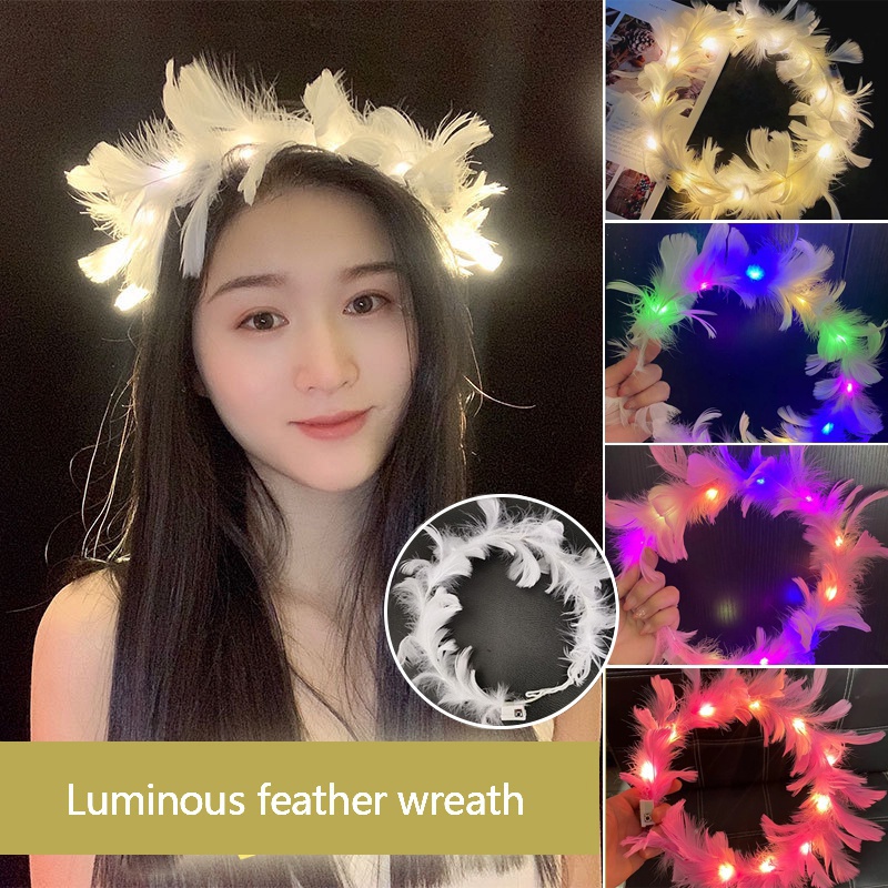 Ladies Girls Party Glow Feather Garland Headband LED Light Hair Garland ...